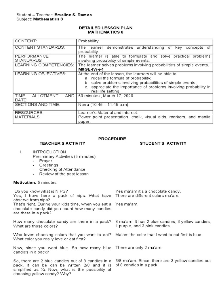 Detailed Lesson Plan Mathematics 8 | PDF | Probability | Lesson Plan