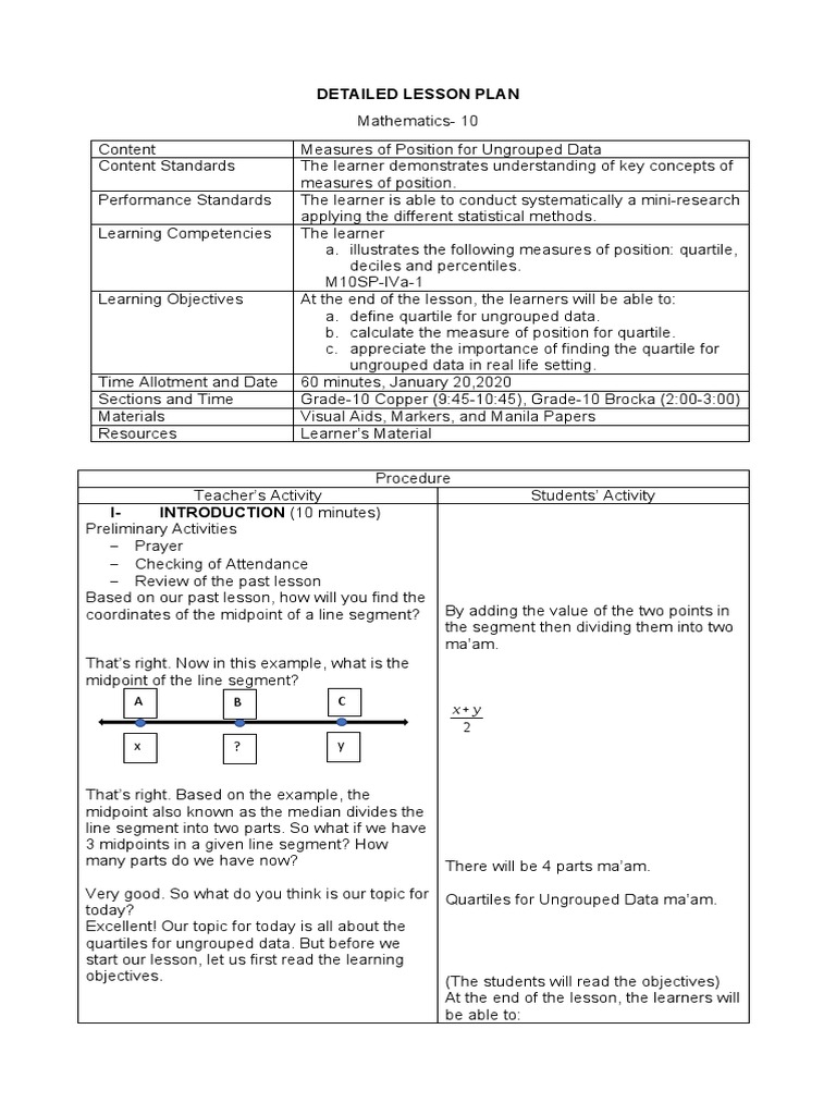 Detailed Lesson Plan | PDF | Quartile | Lesson Plan