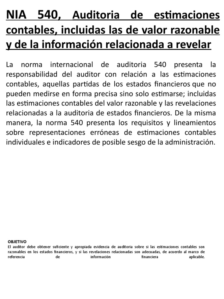 NIA 540, Auditoria de Estimaciones Contables | PDF | Auditoría | Contralor