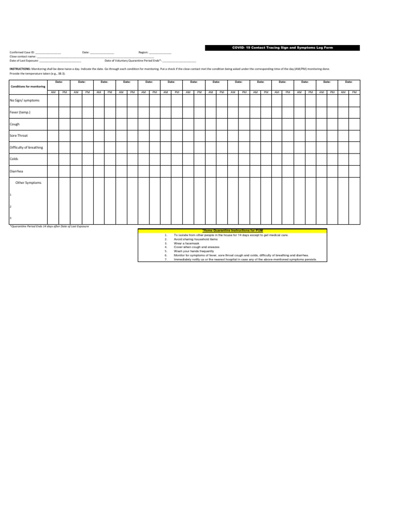 COVID - 19 Contact Tracing Sign and Symptoms Log Form PDF | PDF ...