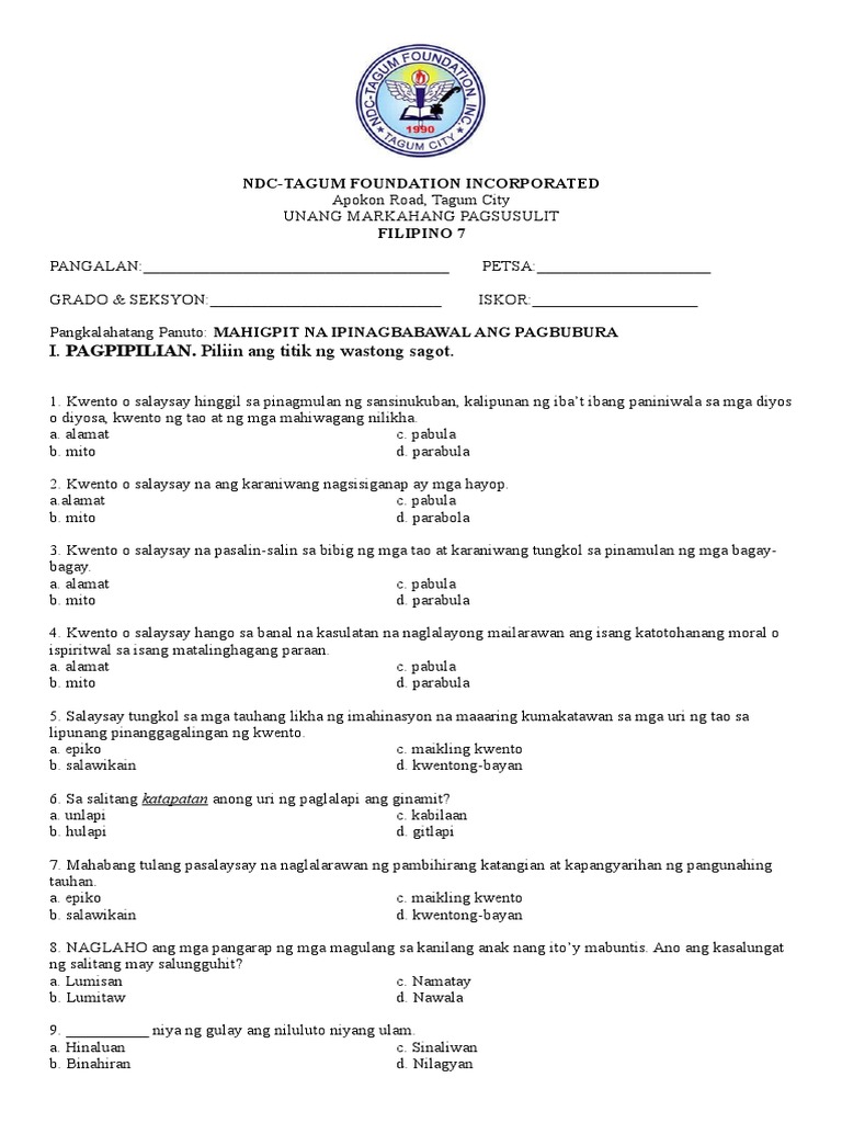 1st Grading Exam (Grade-7 FIL) | PDF