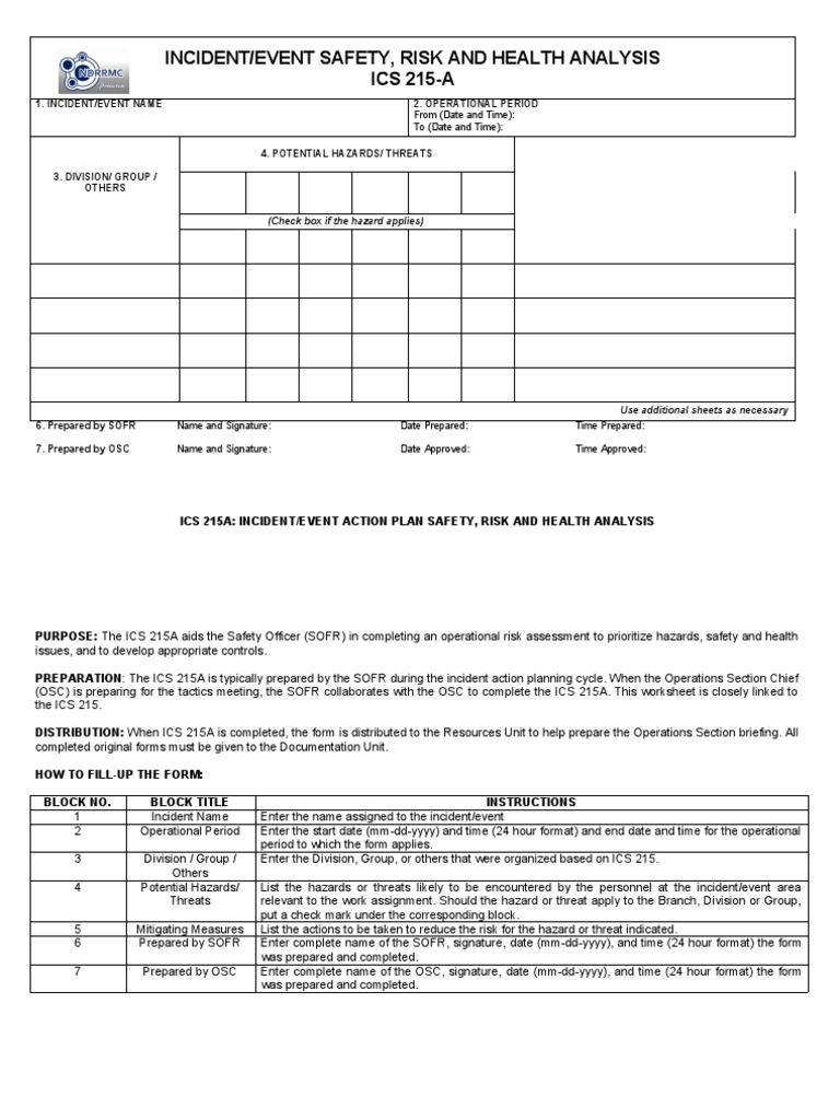 Incident/Event Safety, Risk and Health Analysis ICS 215-A: From (Date ...