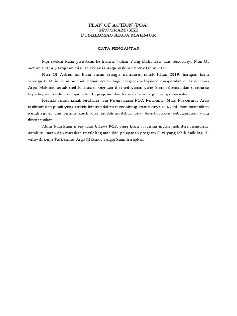 Plan of Action (Poa) Gizi 2020 | PDF