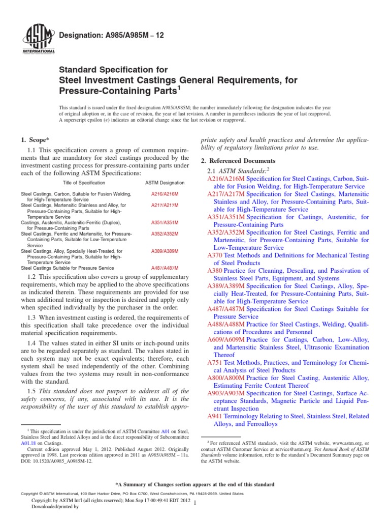ASTM A985 Investment Casting | PDF | Casting (Metalworking) | Heat Treating