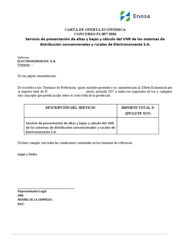 Carta de Oferta Económica-Servicio1 | PDF