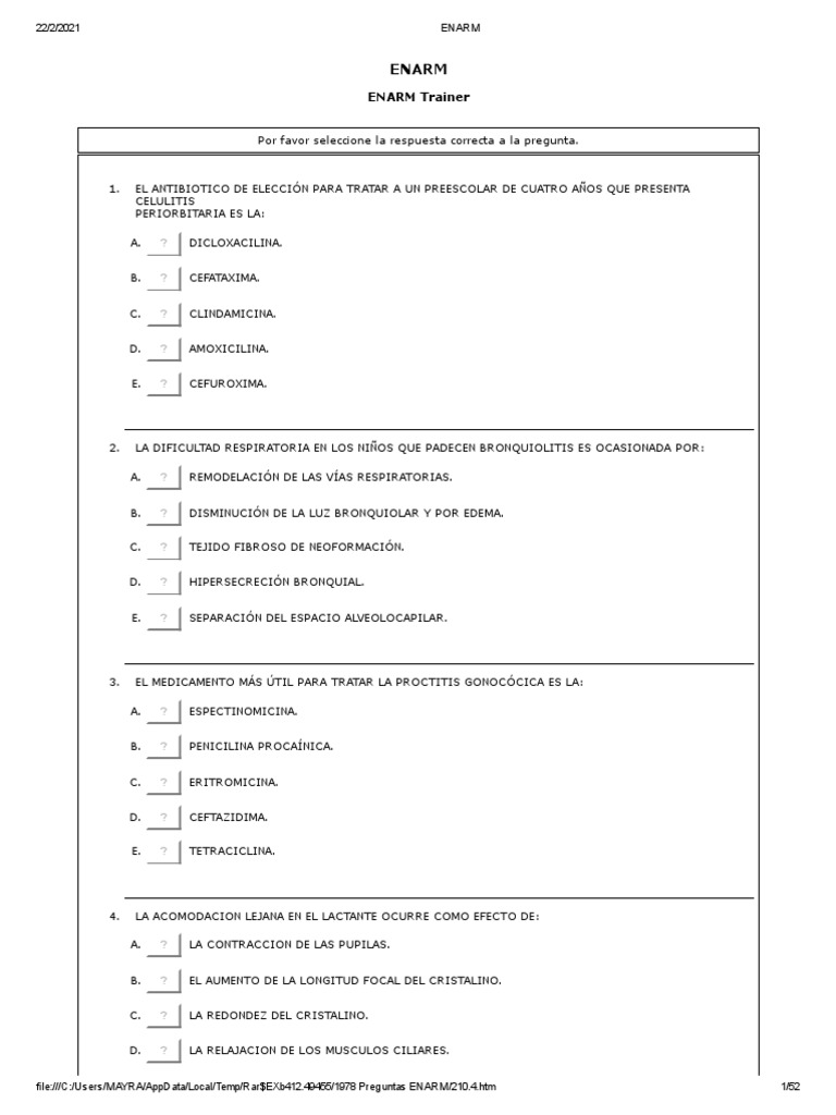 Preguntas ENARM sobre Pediatría y Medicina | PDF | Rtt | Medicina