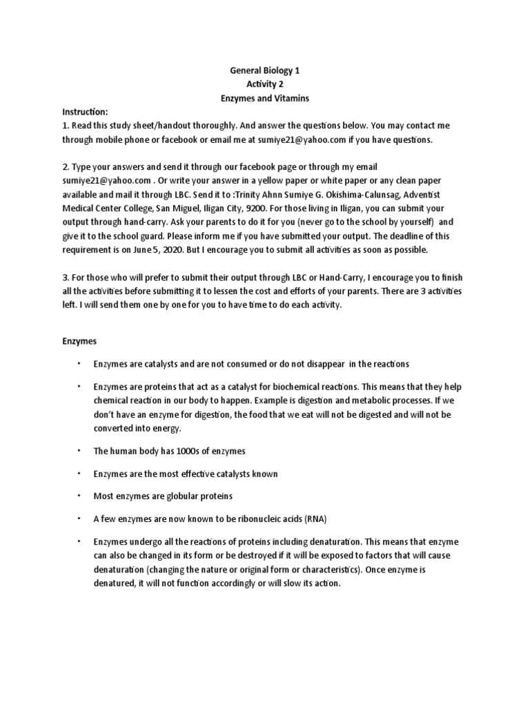 Enzymes and Vitamins Handout and Activity | PDF | Cofactor ...