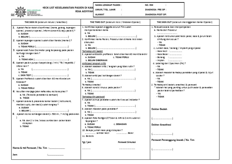 Check List Keselamatan Pasien Di Kamar Operasi (Time Out) | PDF