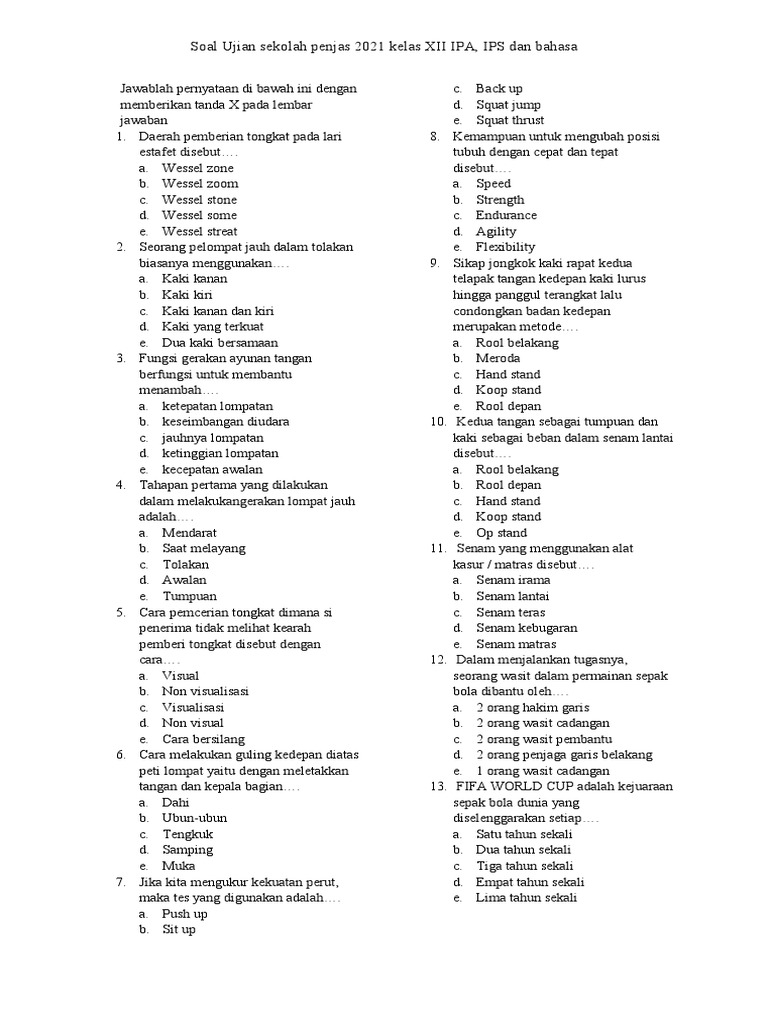 SOAL US PENJAS 2021 Kelas XII | PDF