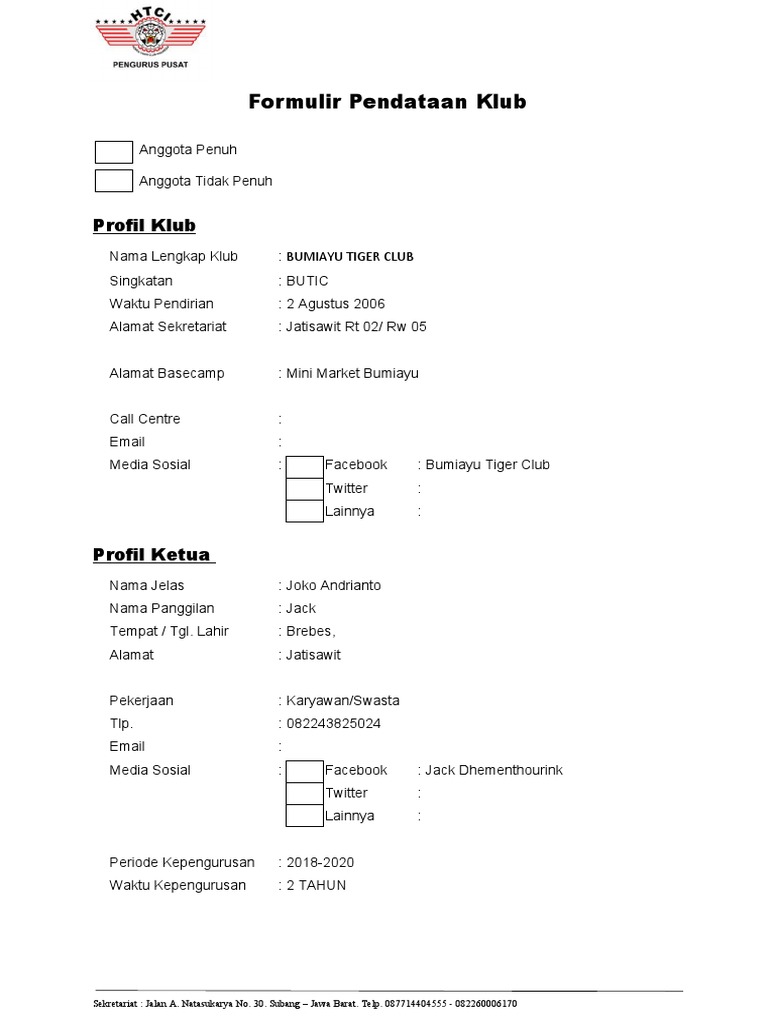 Formulir Pendataan Klub 1 | PDF