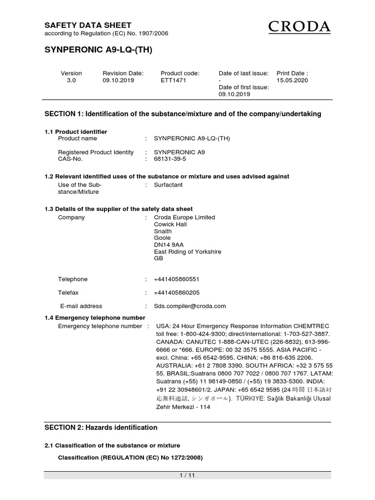 Synperonic A9-Lq - (TH) : Safety Data Sheet | PDF | Toxicity ...