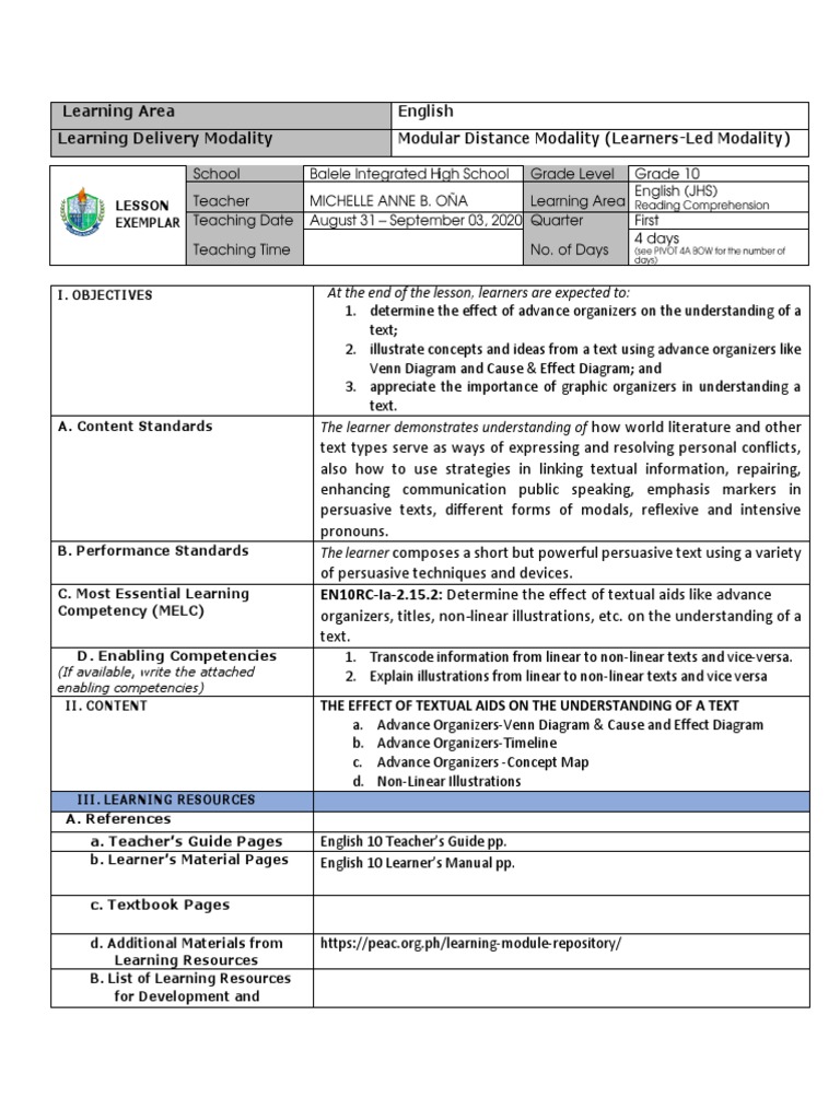 Learning Area English Learning Delivery Modality Modular Distance ...