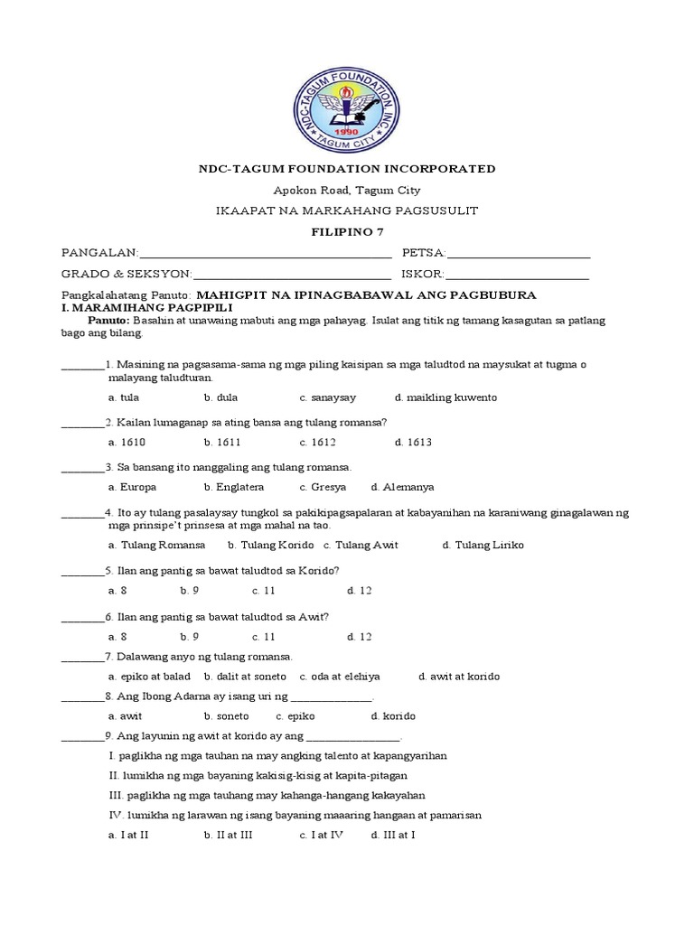4th Grading Exam Fil 7 | PDF