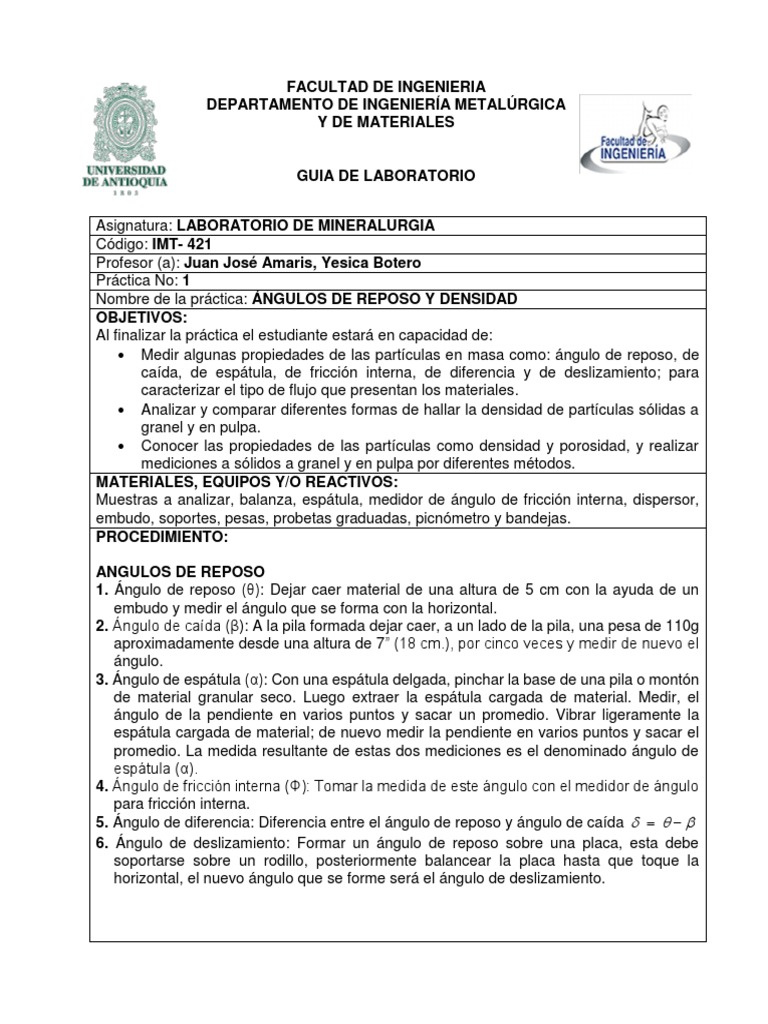 Ángulos de Reposo y Densidad en Materiales | PDF | Densidad | Fricción