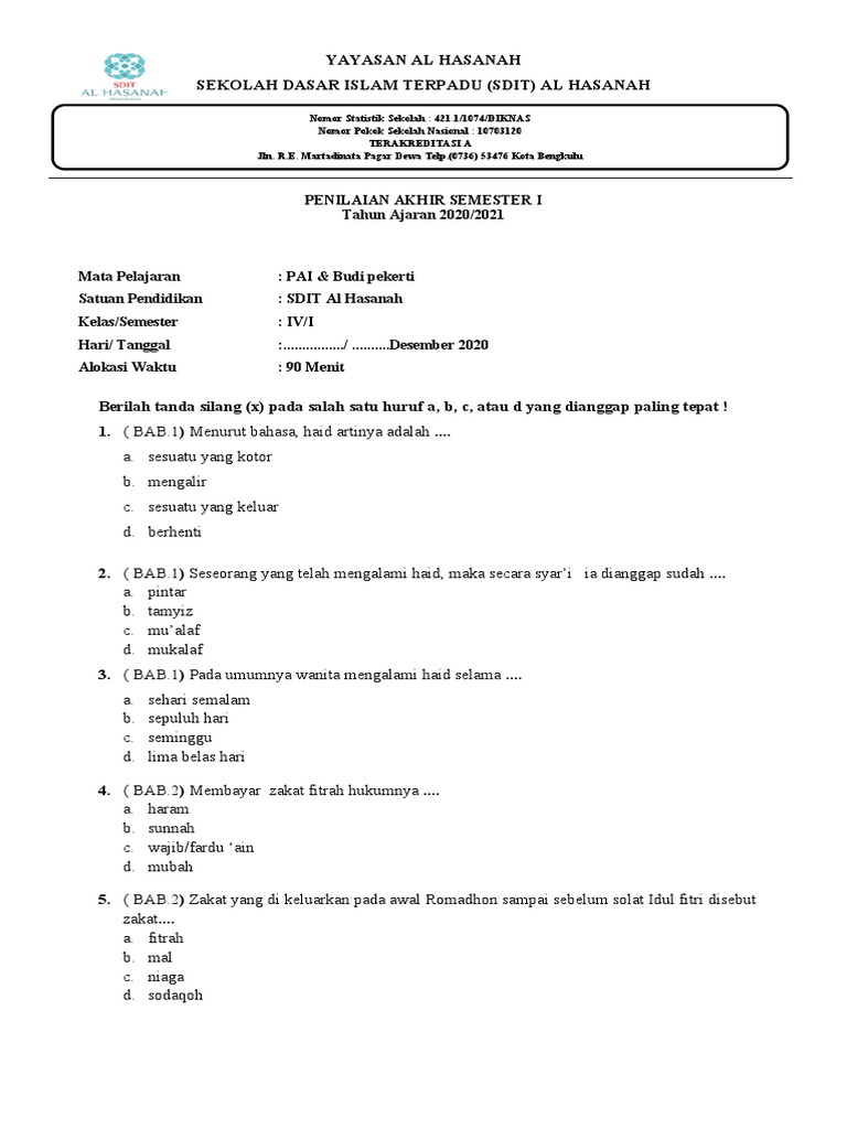SOAL PAS PAI KELAS 4 U Ridoan | PDF