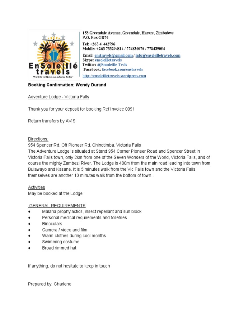Adventure Lodge Confirmation Note | PDF