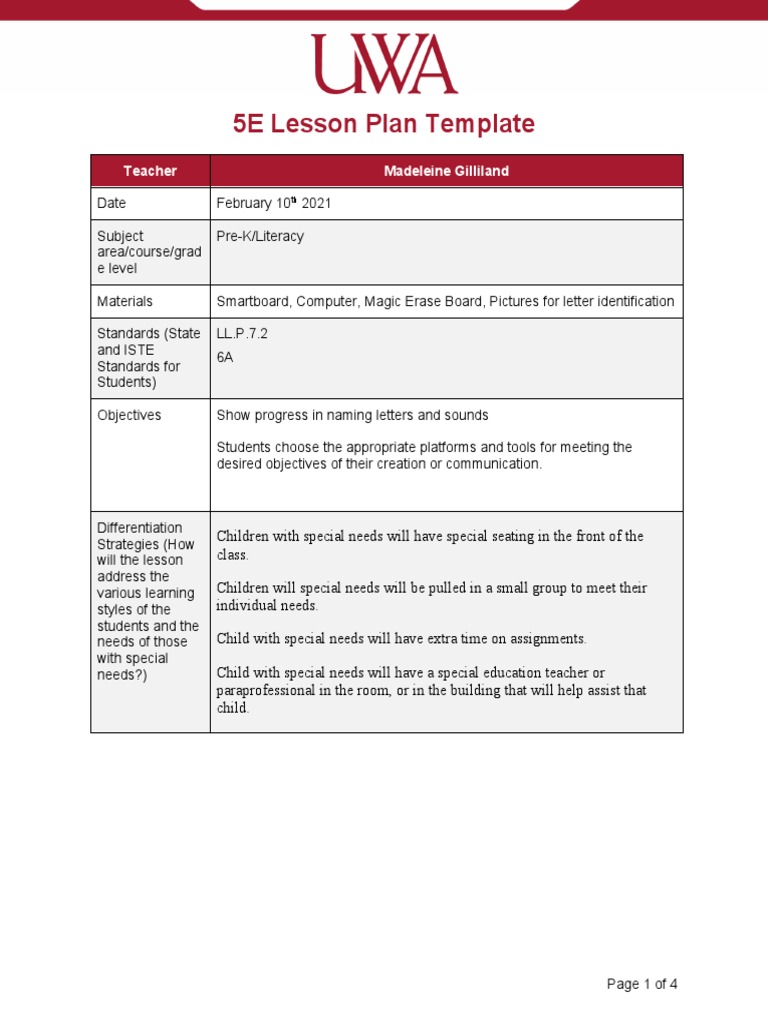 5E Lesson Plan Template: Teacher Madeleine Gilliland | PDF | Lesson ...