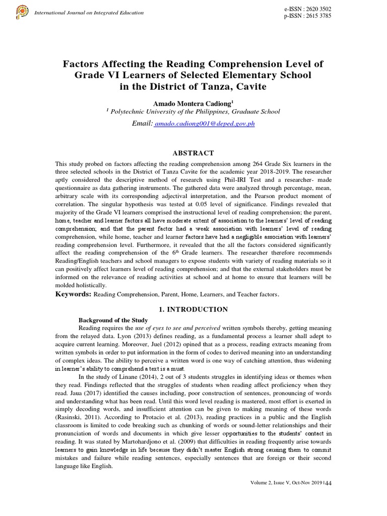 Factors Affecting The Reading Comprehension Level of Grade VI Learners ...