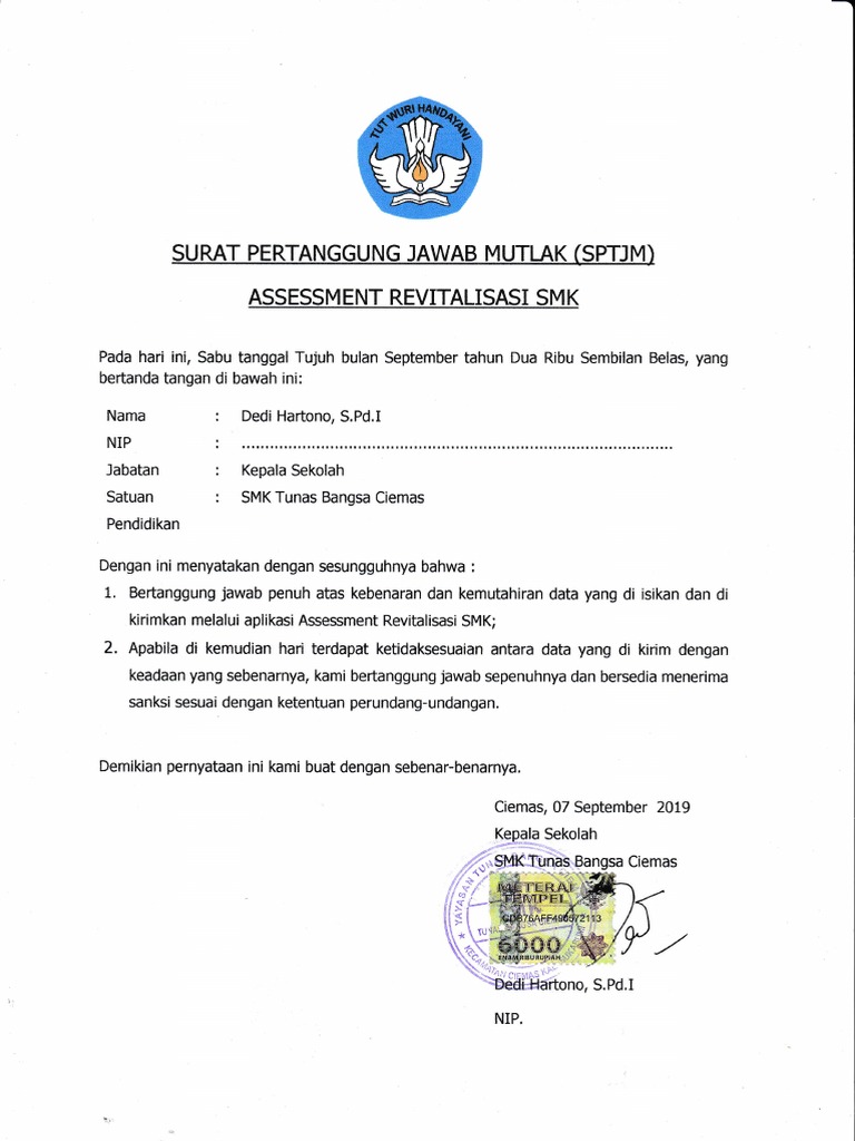 SPTJM Assesment Revitalisasi SMK | PDF