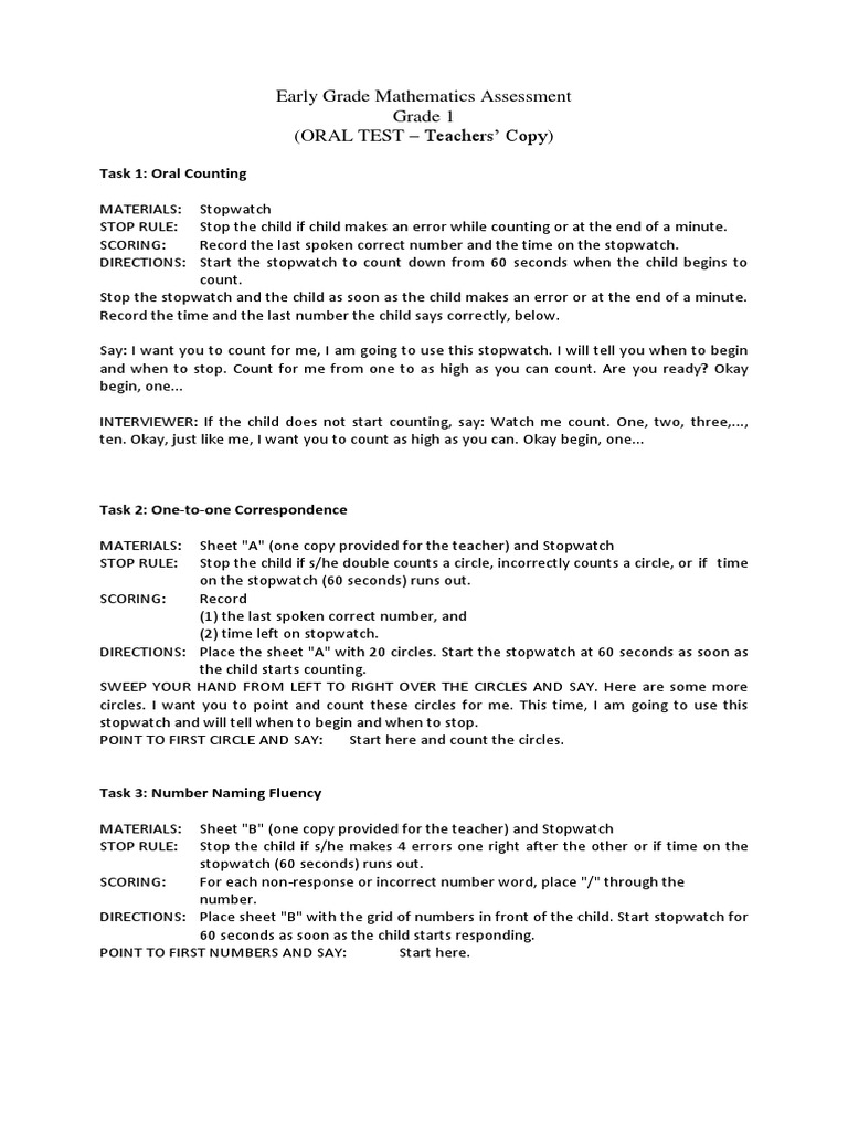 Early Grade Mathematics Assessment Grade 1 (ORAL TEST - Teachers' Copy ...
