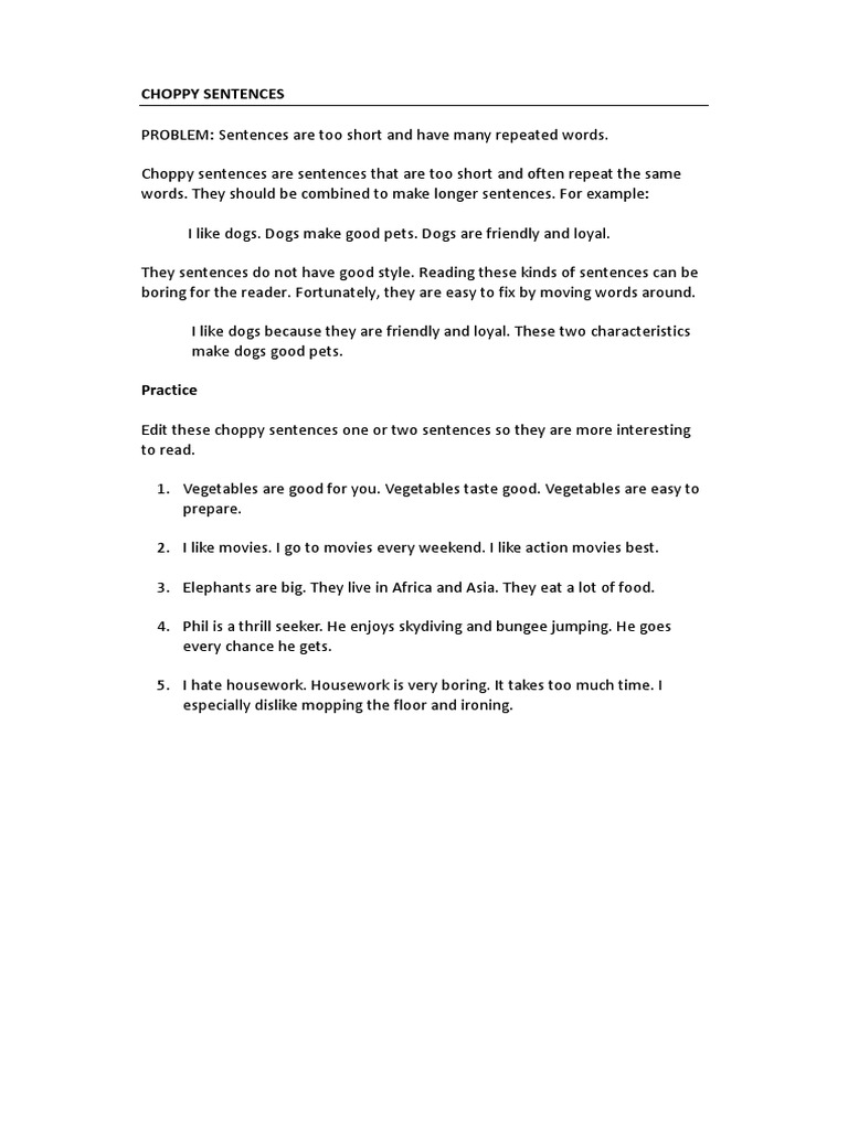 Choppy Sentences Practice Worksheet | PDF | Foods
