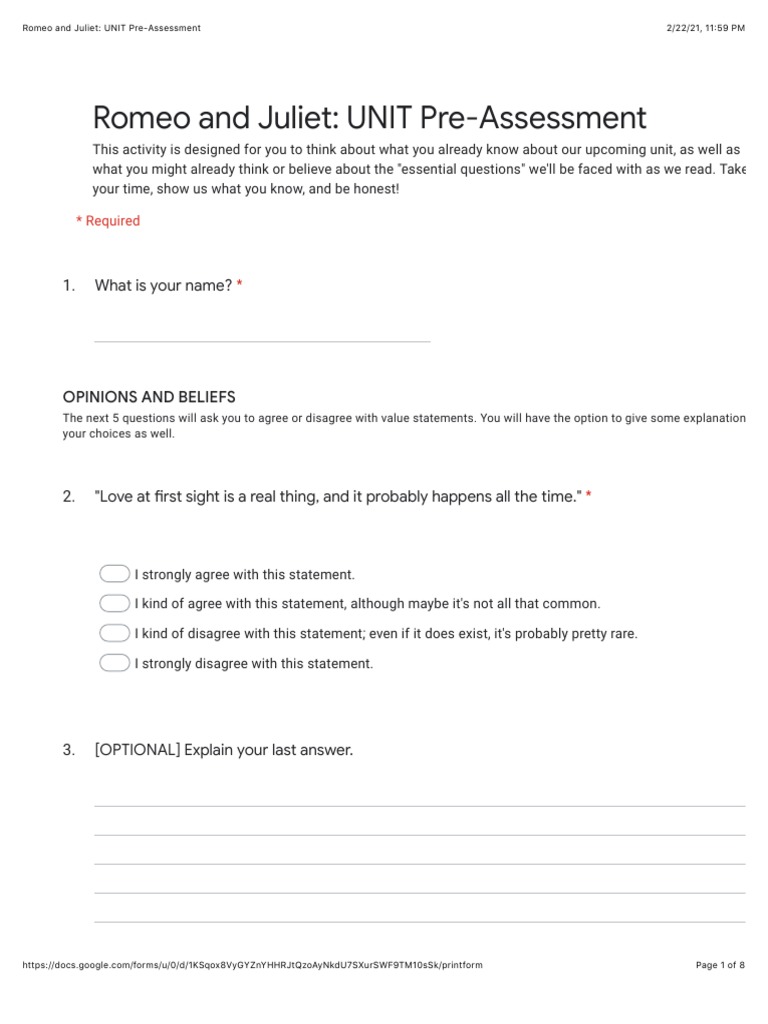 Romeo and Juliet Unit Pre-Assessment | PDF | William Shakespeare