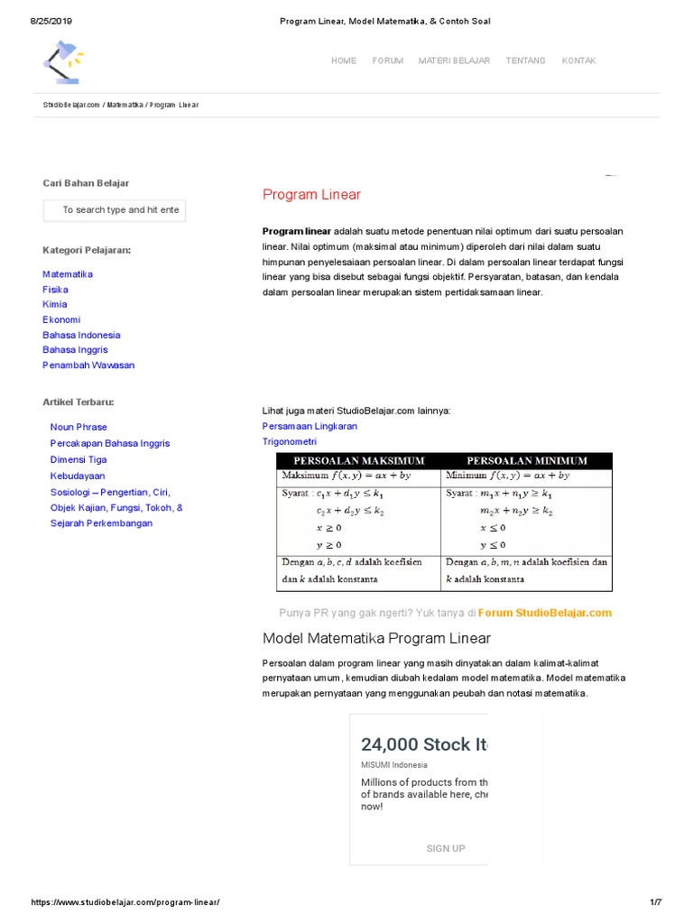 Program Linear, Model Matematika, & Contoh Soal | PDF
