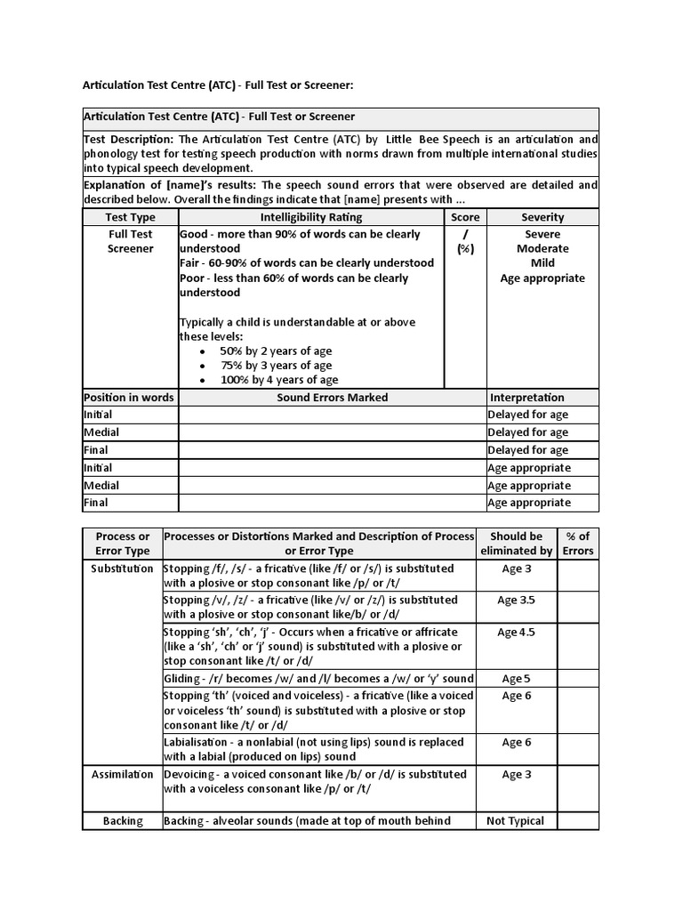 Articulation Test Centre (ATC) - Full Test or Screener - Template | PDF ...