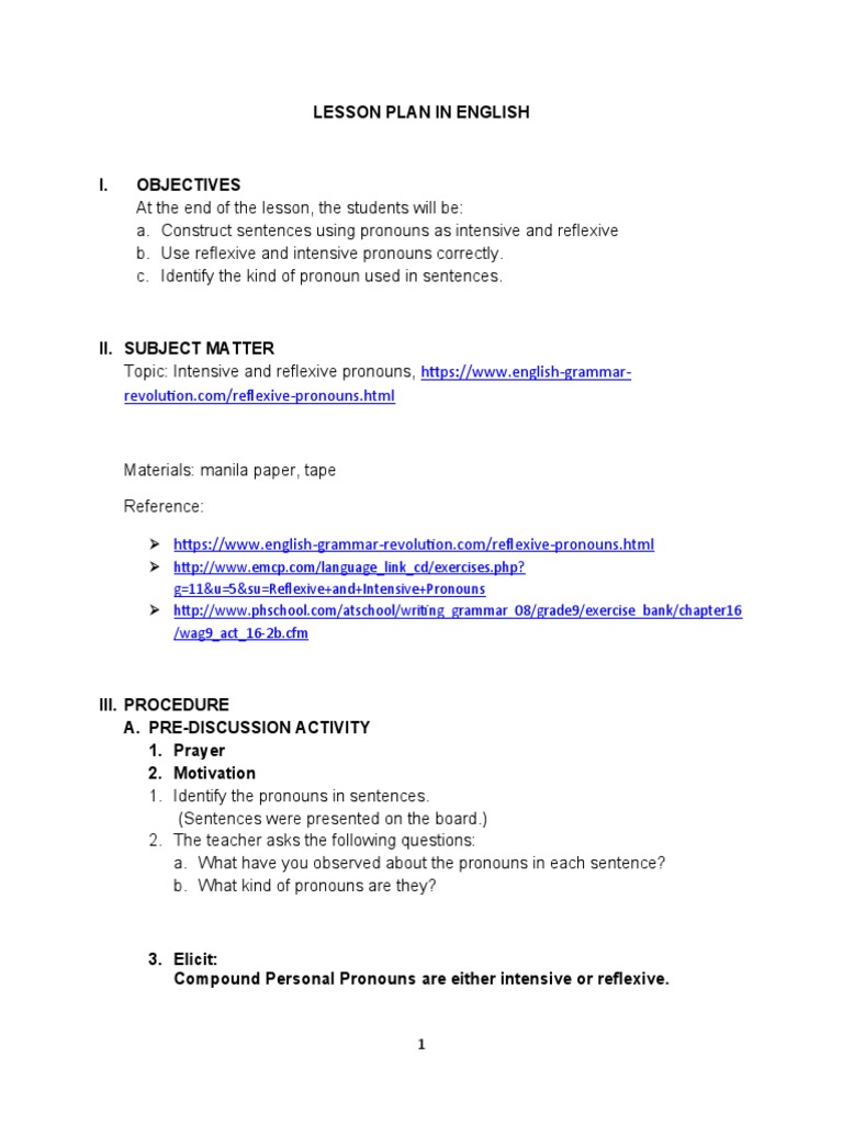 Lesson Plan in English: G 11&u 5&su Reflexive+and+Intensive+Pronouns ...