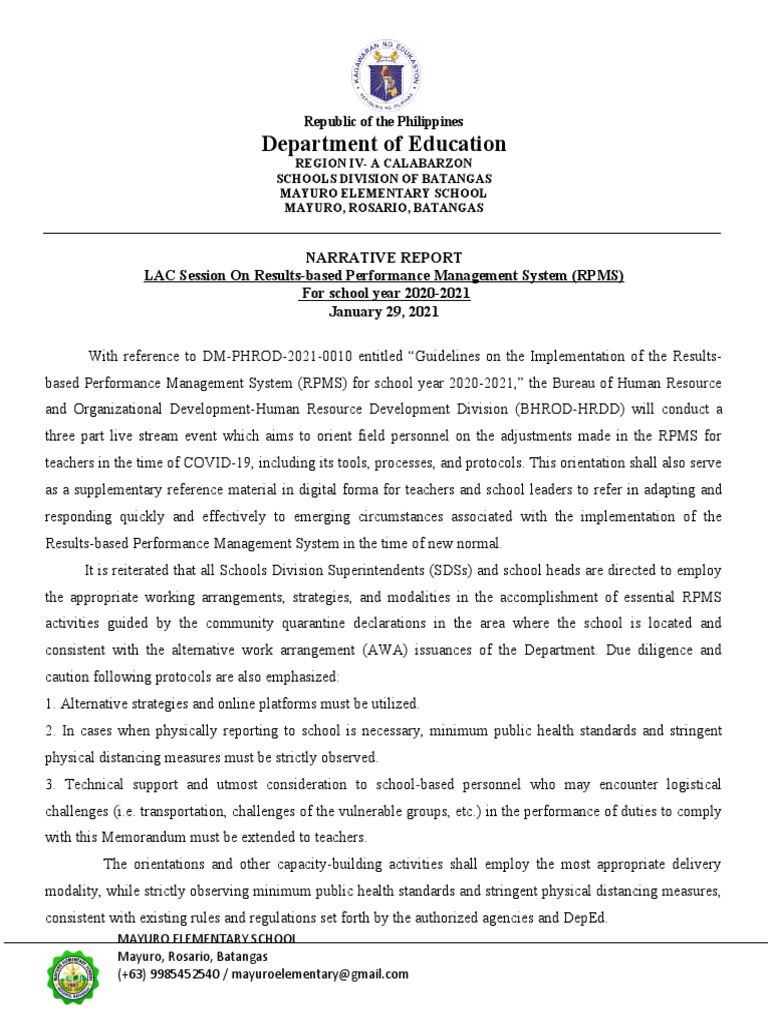 Narrative Report - Lac Session On RPMS 2020 2021 | PDF | Teachers ...