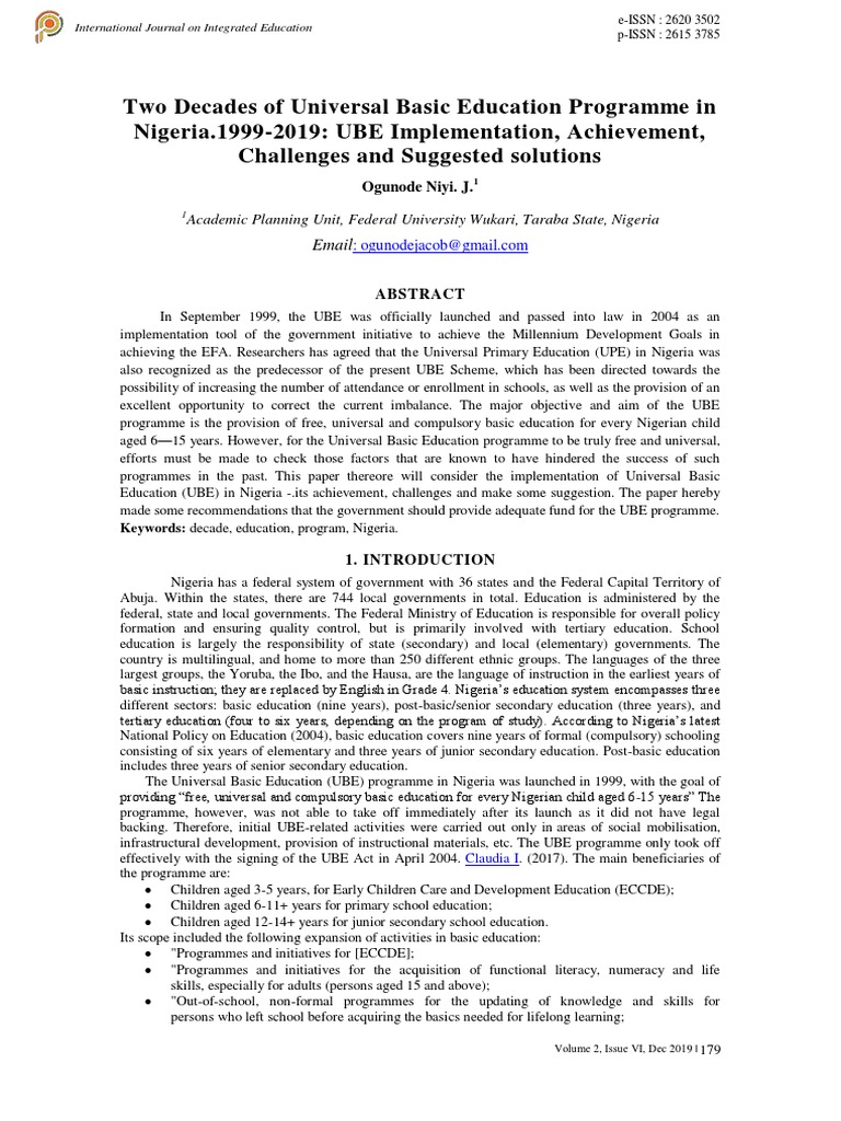 Two Decades of Universal Basic Education Programme in Nigeria.1999-2019: UBE Implementation ...