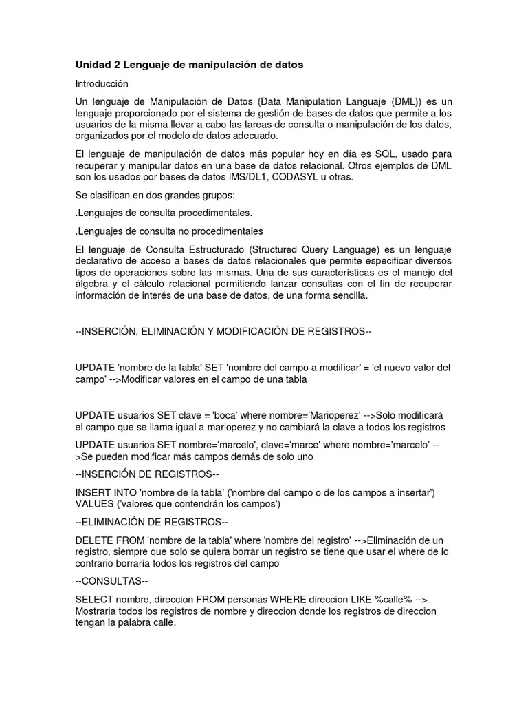 Unidad 2 Lengueje de Manipulacion de Datos | PDF | SQL | Datos