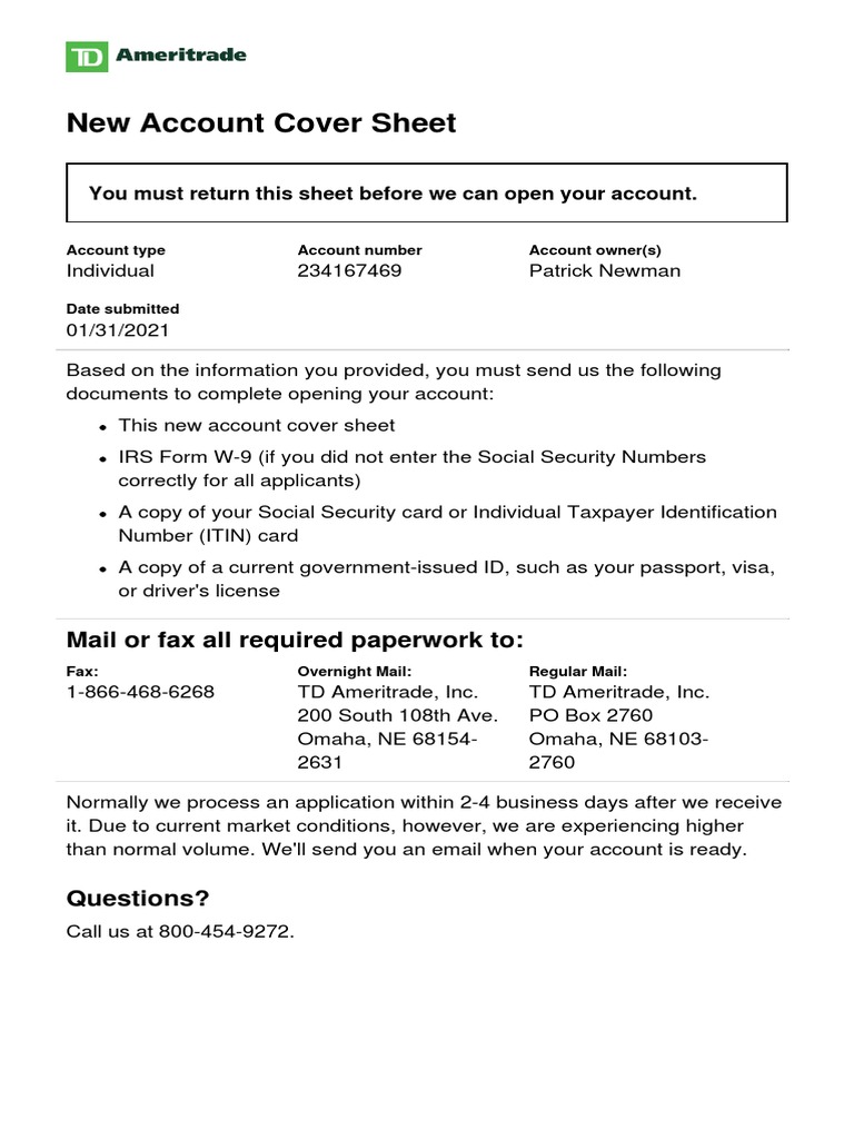 New Account Cover Sheet: Mail or Fax All Required Paperwork To | PDF