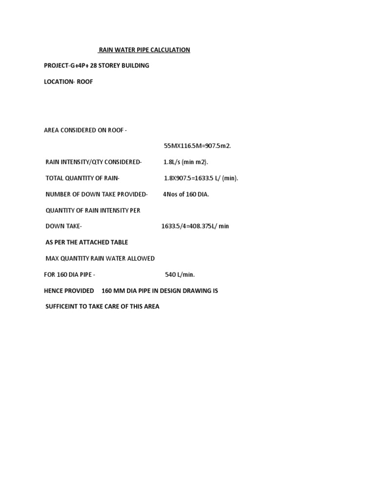 Typical Rain Water Pipe Calculation | PDF