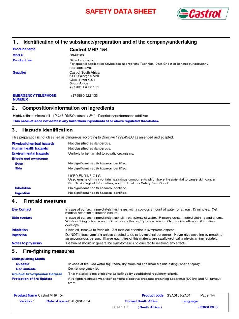 Castrol MHP 154 Safety Data Sheet | PDF | Firefighting | Regulatory ...