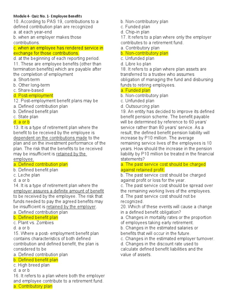 Employee Benefits Quiz Overview | PDF | Defined Benefit Pension Plan ...