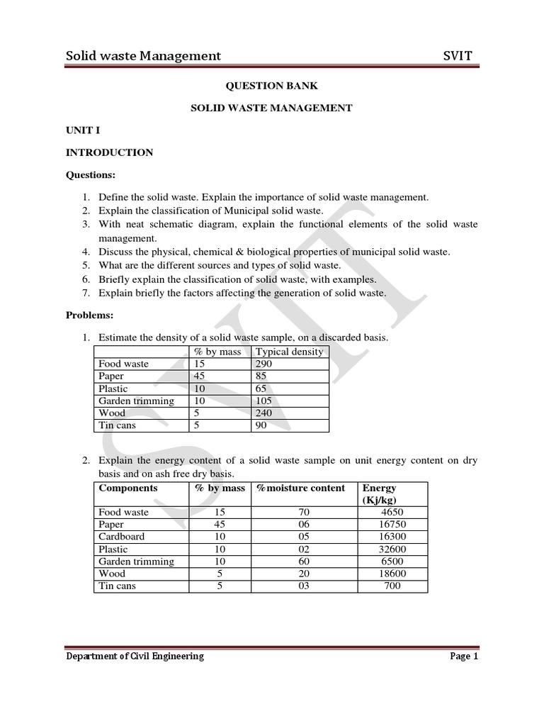 Solid Waste Management Question Bank | PDF | Municipal Solid Waste ...