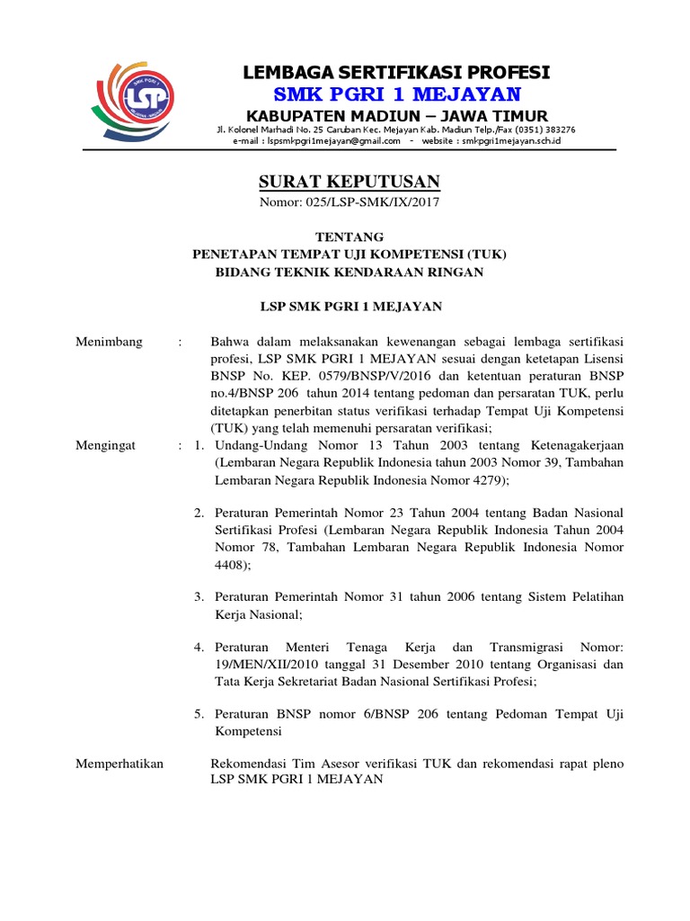 SK Penetapan TUK Terverifikasi | PDF