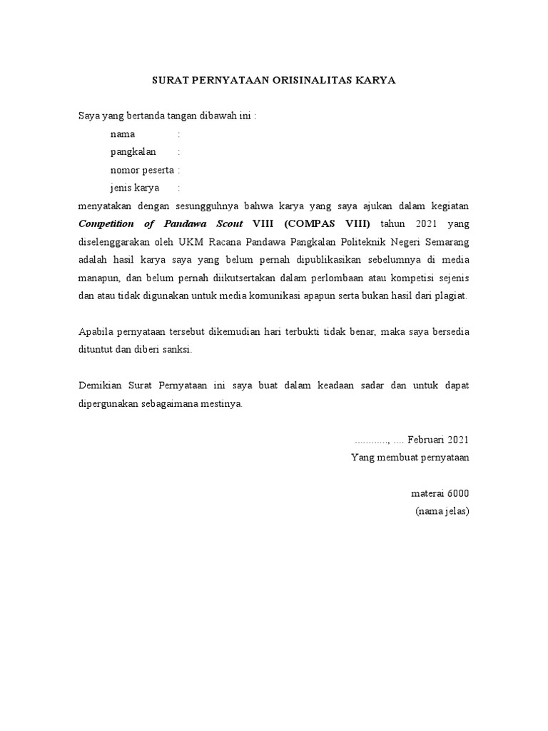 Format Surat Pernyataan Orisinalitas Karya | PDF