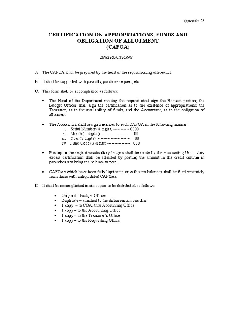 Appendix 28 - Instructions - CAFOA | PDF