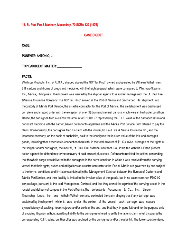 St. Paul Fire & Marine v. Macondray, 70 SCRA 122 (1976) Case Digest ...