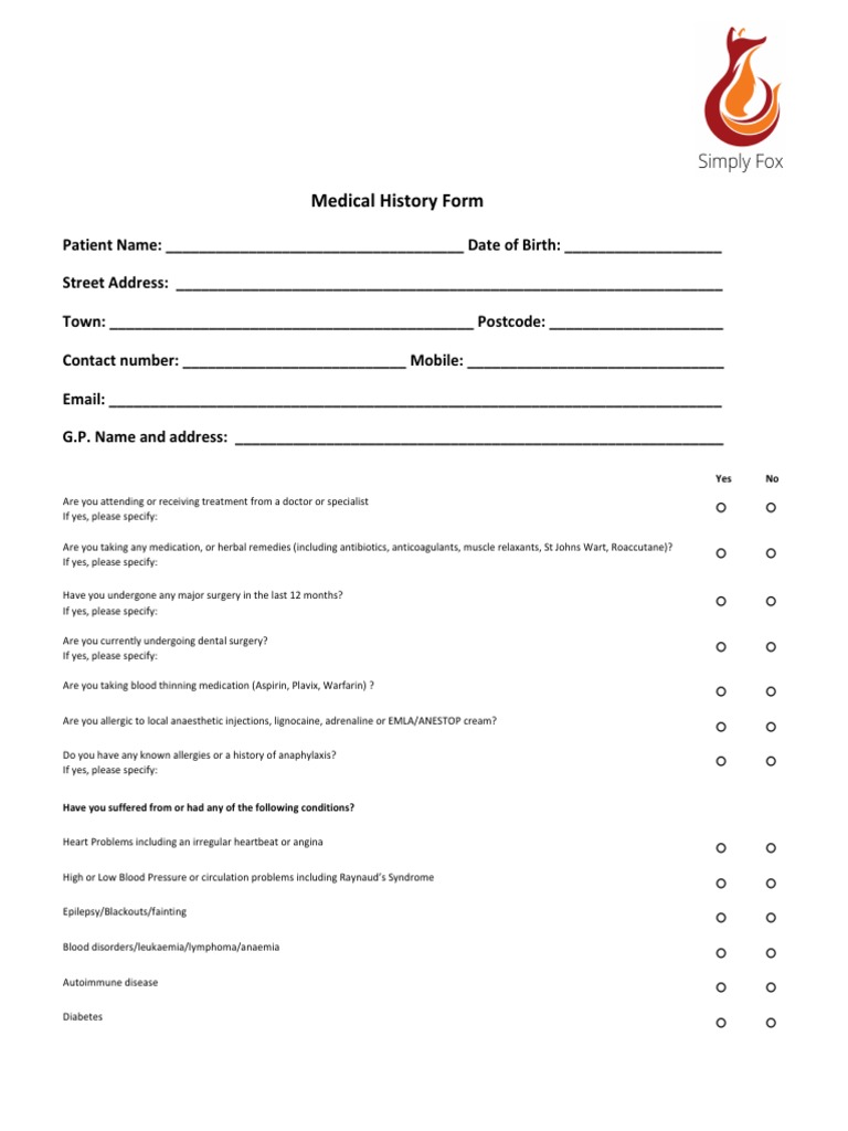 Medical History Form: Yes No | PDF | Dermatitis | Allergy