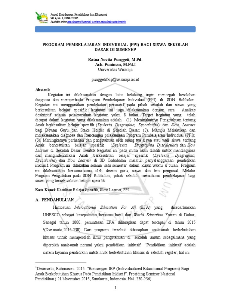 Program Pembelajaran Individual (Ppi) Bagi Siswa Sekolah Dasar Di ...