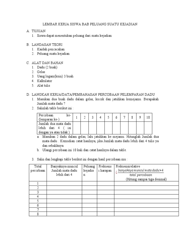 Lembar Kerja Siswa Bab Peluang Suatu Kejadian | PDF