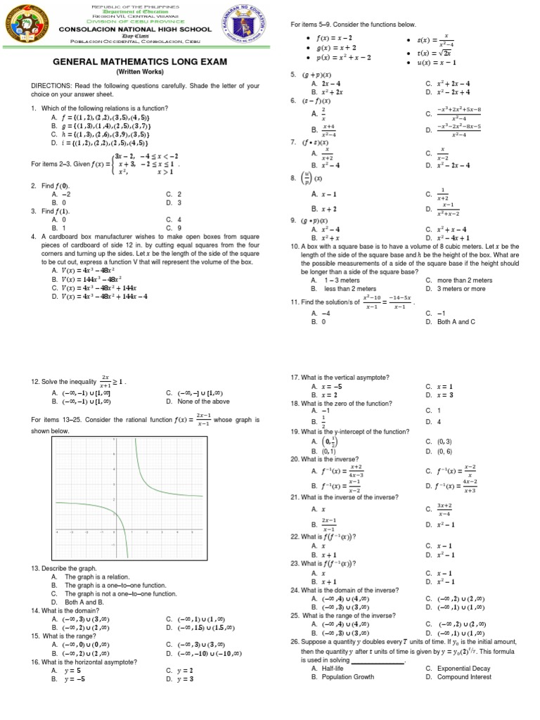 Genmath Long Exam | PDF | Function (Mathematics) | Volume