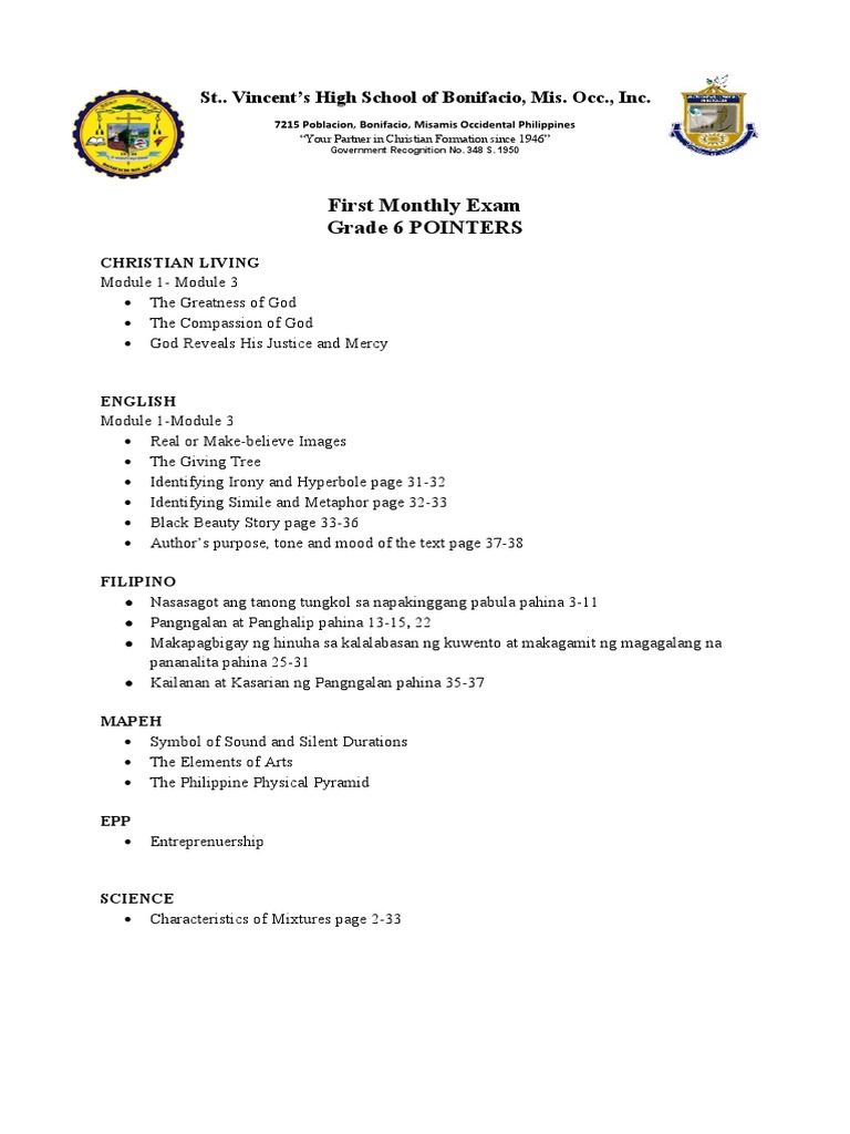 First Monthly Exam Grade 6 Pointers: St.. Vincent's High School of Bonifacio, Mis. Occ., Inc | PDF