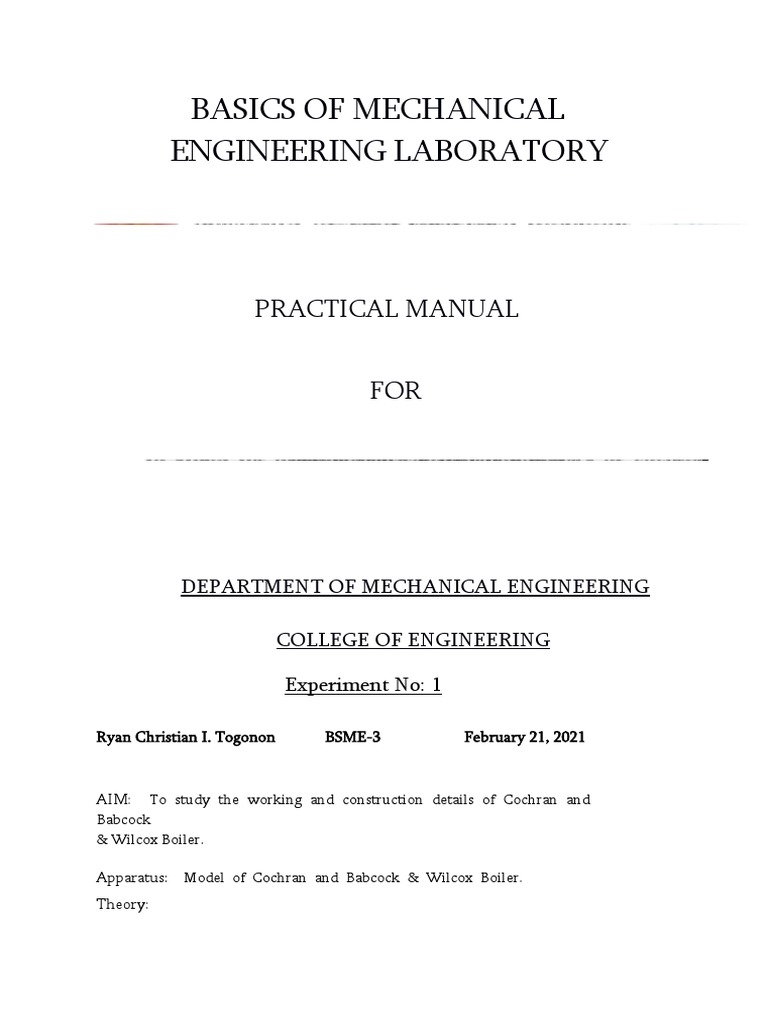 Basics OF Mechanical Engineering Laboratory: Practical Manual | PDF ...