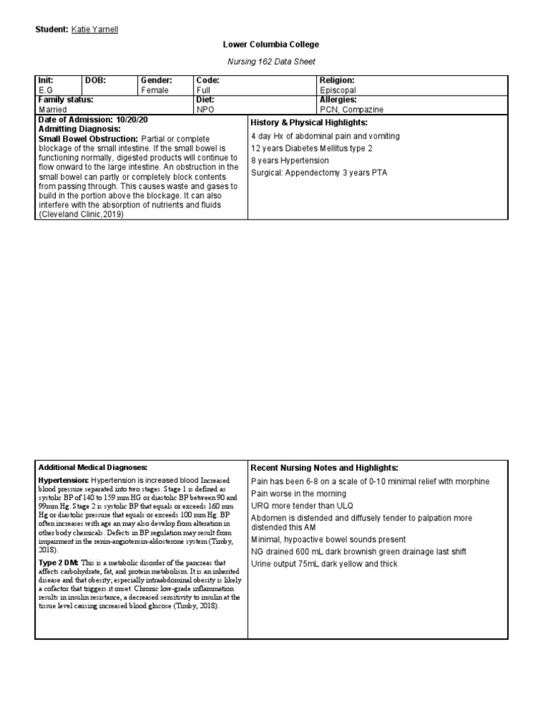 Small Bowel Obstruction Care Plan | PDF | Dehydration | Pain