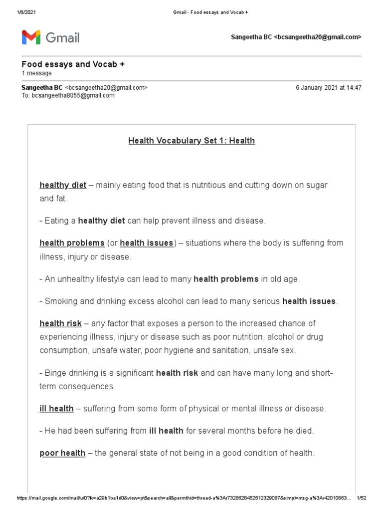 Gmail - Food Essays and Vocab + | PDF | Healthy Diet | Diet (Nutrition)