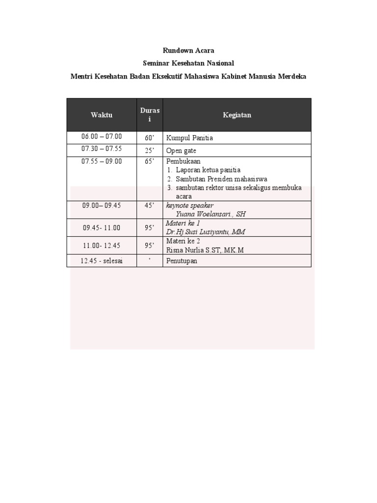 Rundown Seminar Kesehatan Nasional | PDF